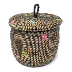 african fair trade handwoven lidded shelf/table basket from senegal, black confetti