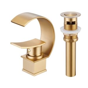 mondawe faucet for bathroom sink, waterfall single handle vanity faucet for sink 1 hole in brushed gold