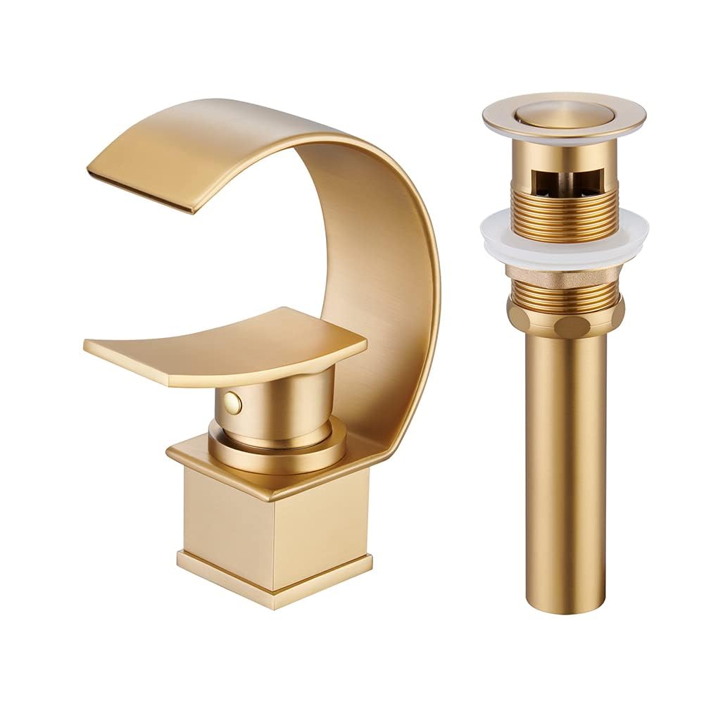 MONDAWE Faucet for Bathroom Sink, Waterfall Single Handle Vanity Faucet for Sink 1 Hole in Brushed Gold