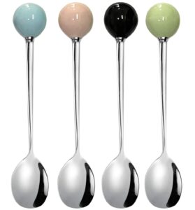 ouliget stainless steel tea spoons, mini coffee spoons, dessert spoons,korean small spoons with ceramic ball, spoons 4 pieces 5.5 inches 4 colors.