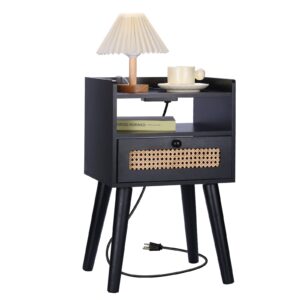 eoyutlly nightstand with charging station side table with rattan drawer storage, bedside table with usb ports modern wooden end table for living room, bedroom and small space, black