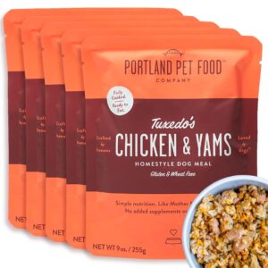 portland pet food company tuxedo’s chicken & yams wet dog food pouches - human-grade, gluten-free dog food toppers and meals for small, medium and large breeds - fresh dog food made in the usa - 5-pk