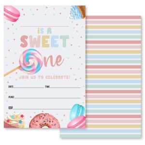 grace yonks sweet one birthday invitation, dessert party invite, donut & candy first birthday, 20 invitations and envelopes, birthday party invitations, birthday party supplies.(081)