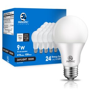 energetic light bulbs 60 watt equivalent, a19 daylight led light bulbs, 15000 hrs e26 base, 9w 760lm 5000k light bulbs, ul listed, non-dimmable, 24-pack