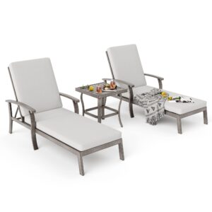 happatio aluminum patio chaise lounge set 3 pieces, aluminum patio lounge chair with side table, pool lounge chair with cushions, outdoor chaise lounge chair for patio deck poolside (gray)