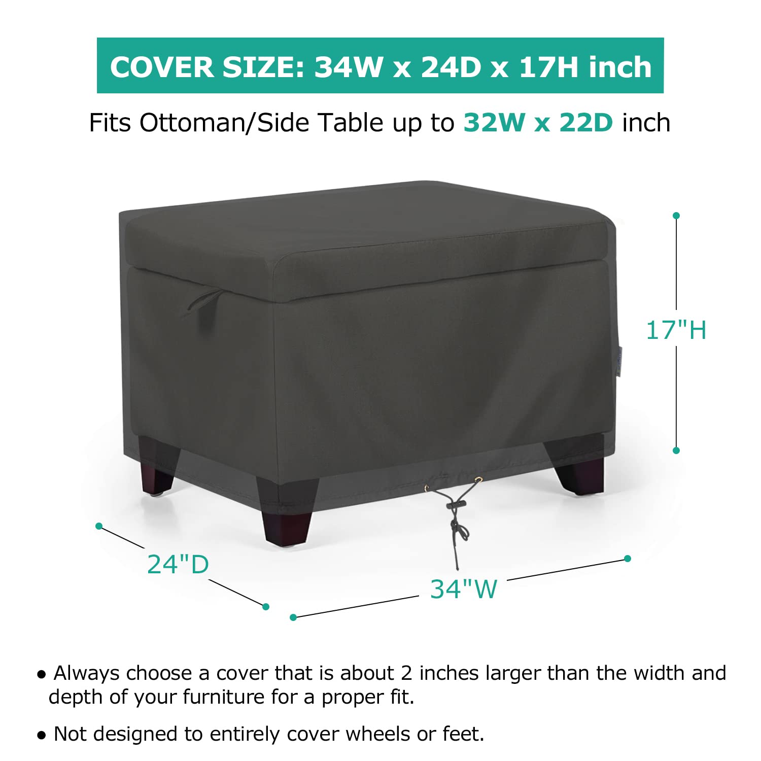 SunPatio Outdoor Ottoman Cover, Waterproof Rectangle Coffee Table Cover, Patio Furniture Covers Side Table Cover, All Weather Protection, 34W x 24D x 17H, Black