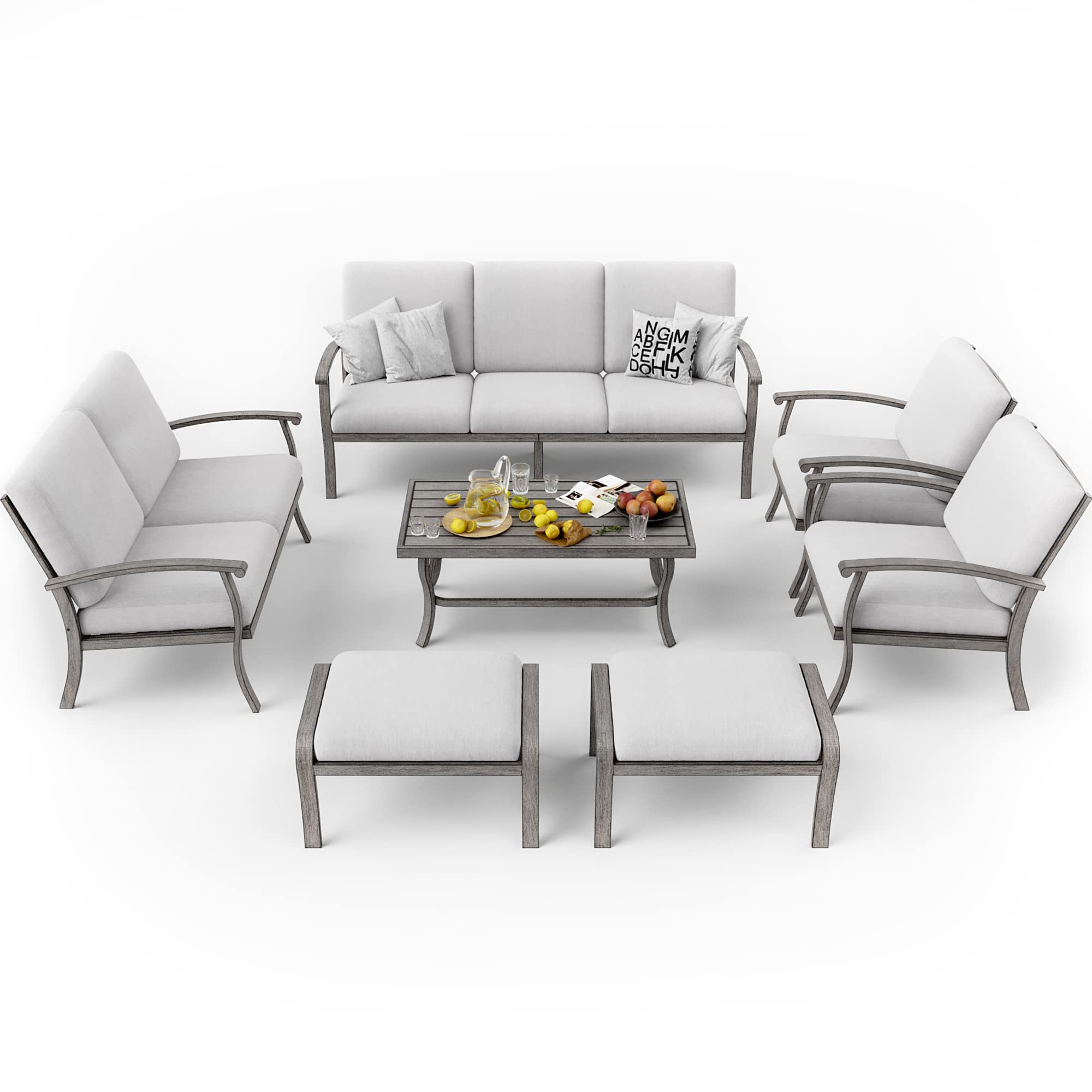 HAPPATIO 7 Piece Aluminum Patio Furniture Set, 3-Seat Outdoor Loveseat, Outdoor Sectional Sofa with Ottomans and Coffee Table, Garden Conversation Set with Armchairs for Lawn Deck (Gray)