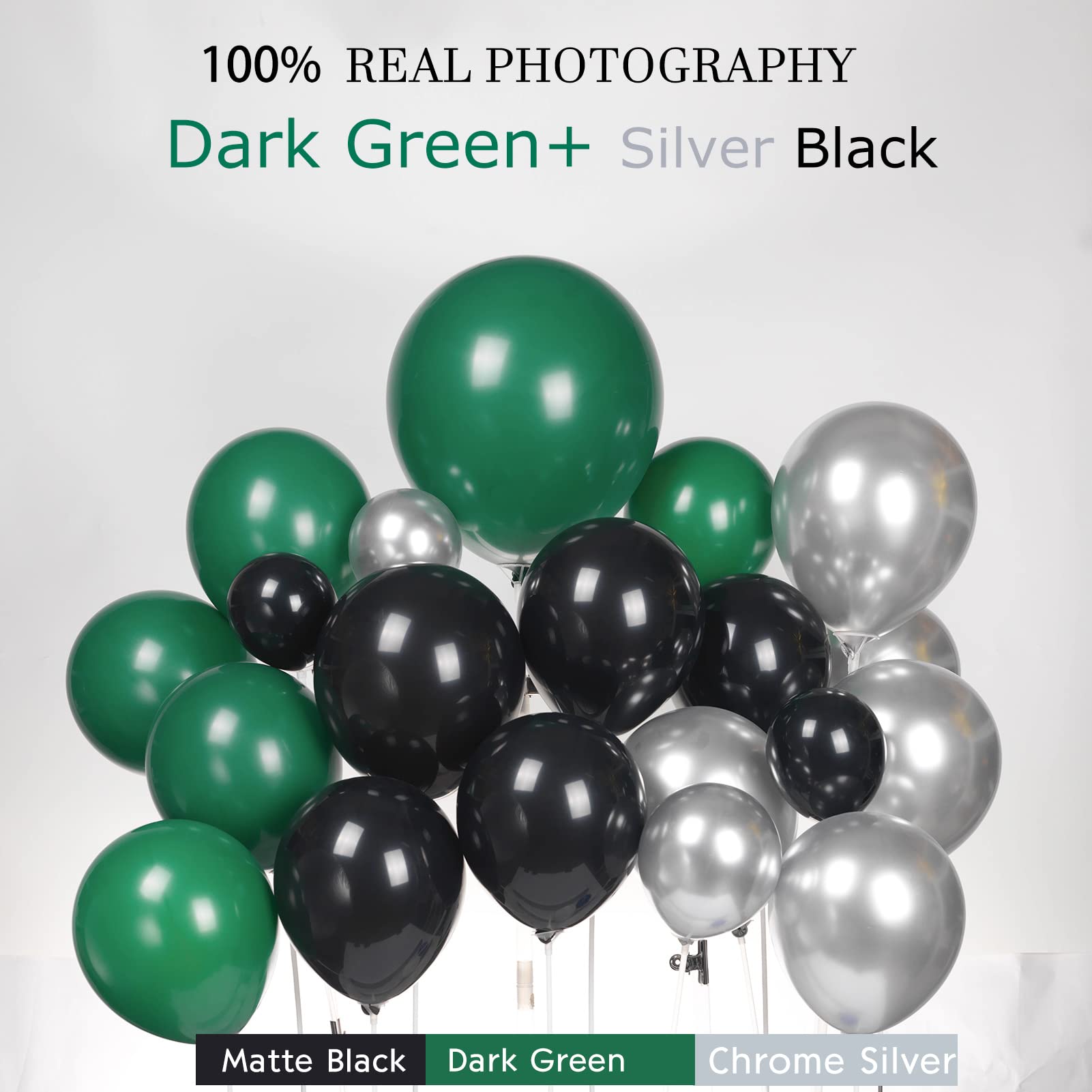 Black and Green Silver Balloon balloon garland kit 130Pcs forest Green Chrome Silver large starburst foil Hunter green balloons for Birthday Party 2024 graduation Spring Decorations