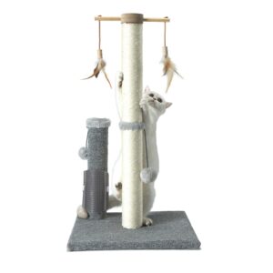 pawsfans cat scratching post,sisal scratch posts vertical scratcher for indoor cats and kittens,with self grooming bursh and interactive toys 30 inches tall grey