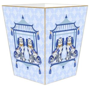 marye-kelley staffordshire dogs on blue wood wastepaper basket, chinoiserie, handmade in the usa, wastebasket for bedroom, bathroom, living room, office, kitchen