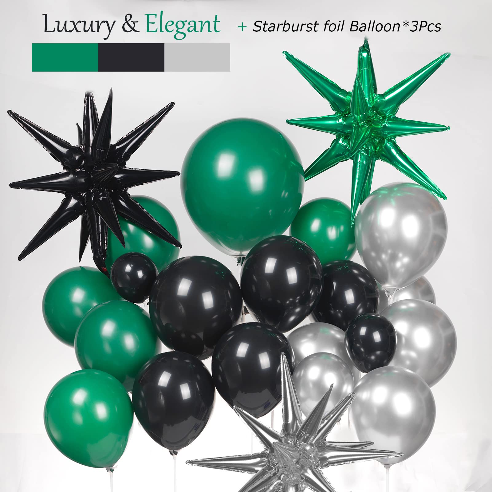 Black and Green Silver Balloon balloon garland kit 130Pcs forest Green Chrome Silver large starburst foil Hunter green balloons for Birthday Party 2024 graduation Spring Decorations