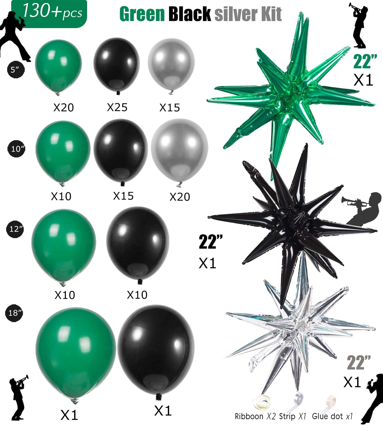 Black and Green Silver Balloon balloon garland kit 130Pcs forest Green Chrome Silver large starburst foil Hunter green balloons for Birthday Party 2024 graduation Spring Decorations