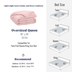 puredown® Goose Feather Comforter Oversized Queen Size, Lightweight Duvet Insert, Comforter Blanket for Bed, Noiseless Ultra-Soft Shell, Pink, 90×98 Inch