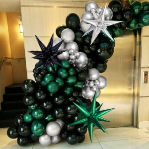 Black and Green Silver Balloon balloon garland kit 130Pcs forest Green Chrome Silver large starburst foil Hunter green balloons for Birthday Party 2024 graduation Spring Decorations