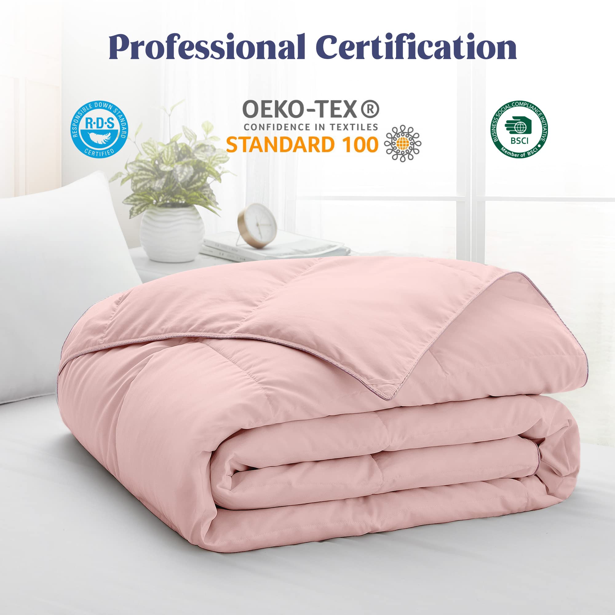 puredown® Goose Feather Comforter Oversized Queen Size, Lightweight Duvet Insert, Comforter Blanket for Bed, Noiseless Ultra-Soft Shell, Pink, 90×98 Inch