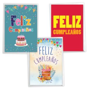 nobleworks assortment pack of 3 spanish language birthday greeting cards with envelopes (3 designs, 1 each), feliz cumpleaños, fiesta time vc10236bdg-c1x3-sl