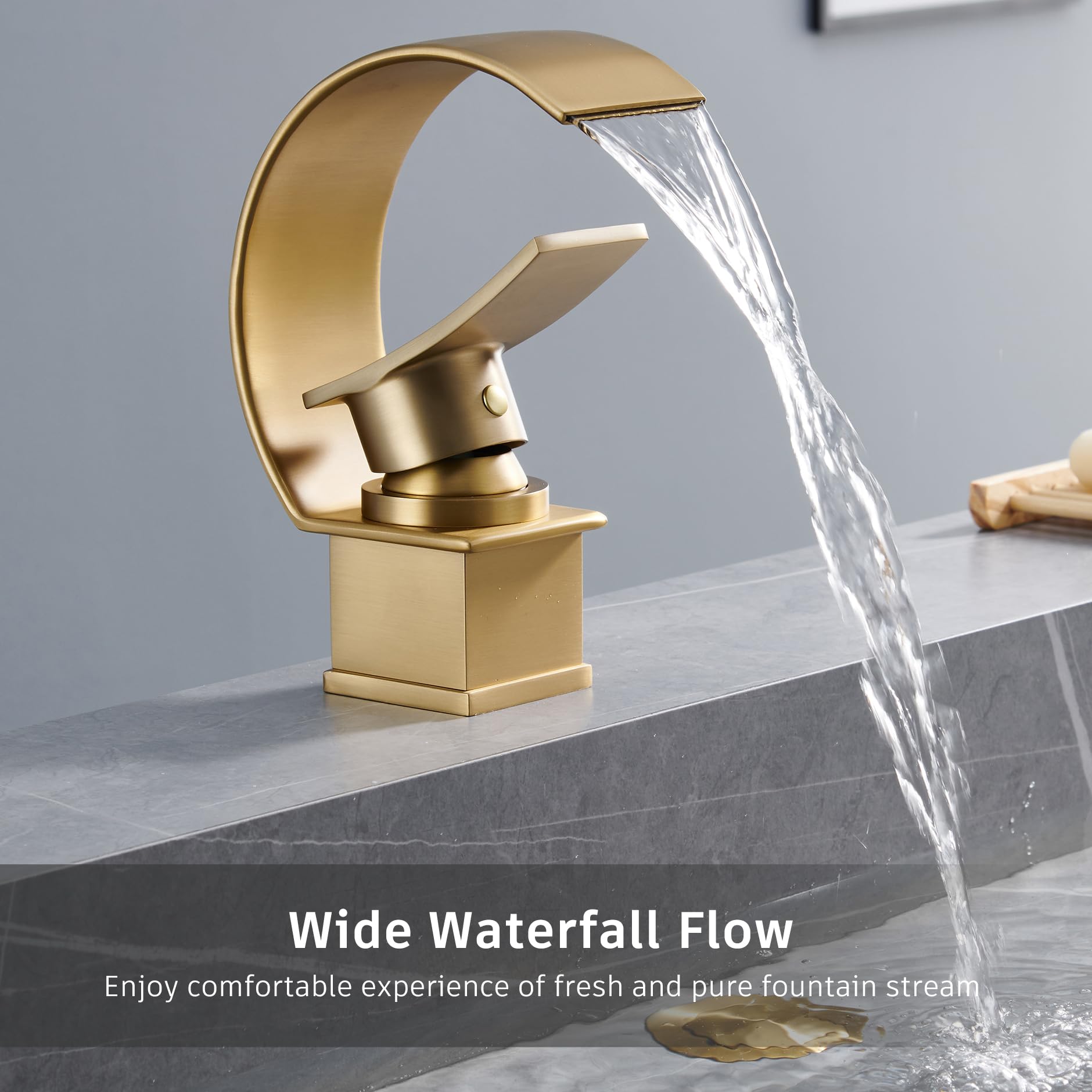 MONDAWE Faucet for Bathroom Sink, Waterfall Single Handle Vanity Faucet for Sink 1 Hole in Brushed Gold