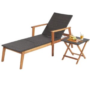 tangkula 2 piece patio chaise lounge & table set, outdoor rattan recliner w/folding side table, 4-level adjustable backrest, solid acacia wood frame, recliner & table set for backyard (mix brown)