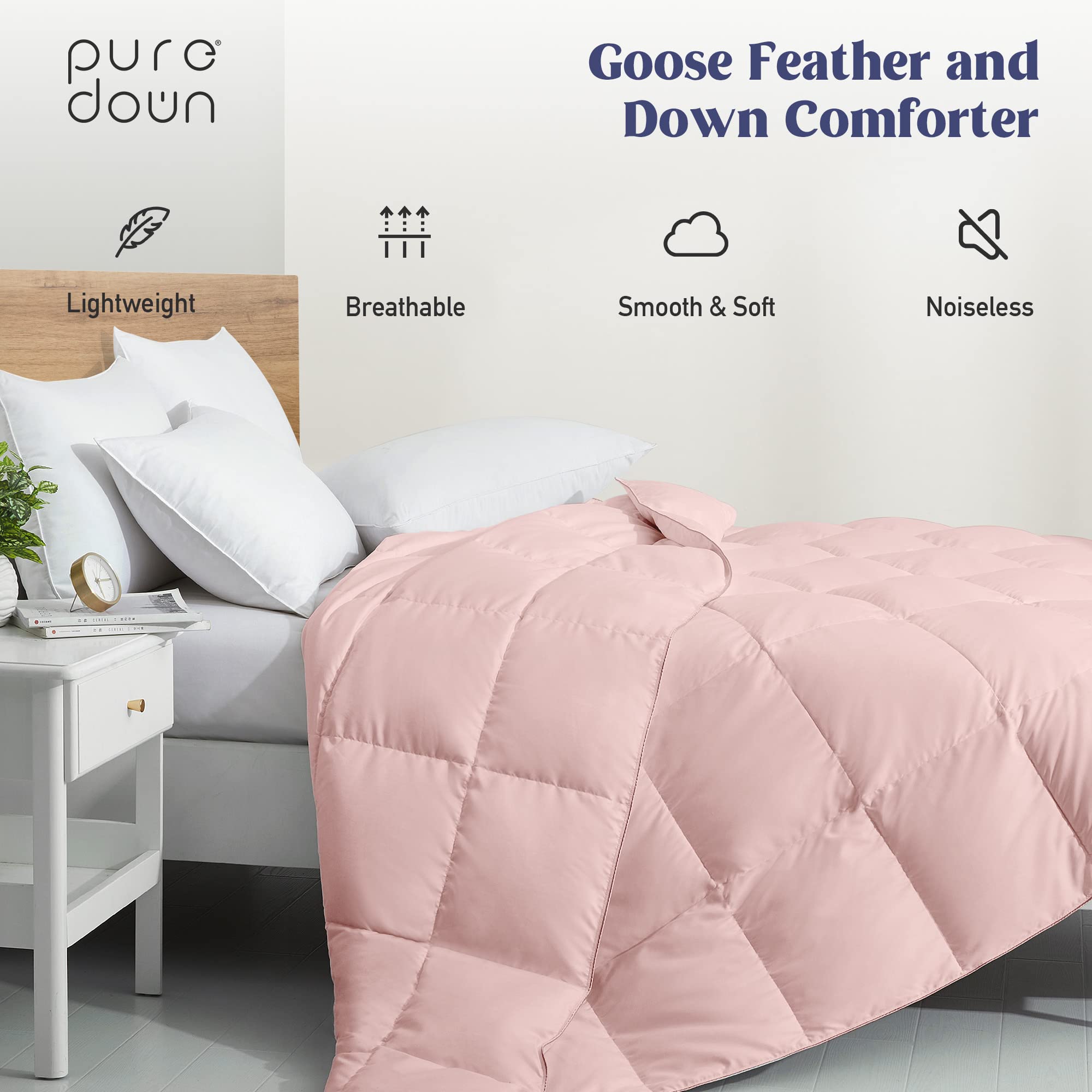 puredown® Goose Feather Comforter Oversized Queen Size, Lightweight Duvet Insert, Comforter Blanket for Bed, Noiseless Ultra-Soft Shell, Pink, 90×98 Inch