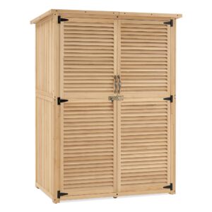 mcombo outdoor wooden storage cabinet, garden tool shed with latch, outside tools wood cabinet with double doors for patio 1900 (natural, large)