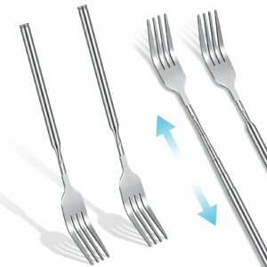 2 pcs dinner extendable fork stainless steel adjustable bbq telescopic extendable dinner fruit dessert long handle fork cutlery anti rust sturdy for cooking toasting sausage vegetable, 8.46-21.65 inch