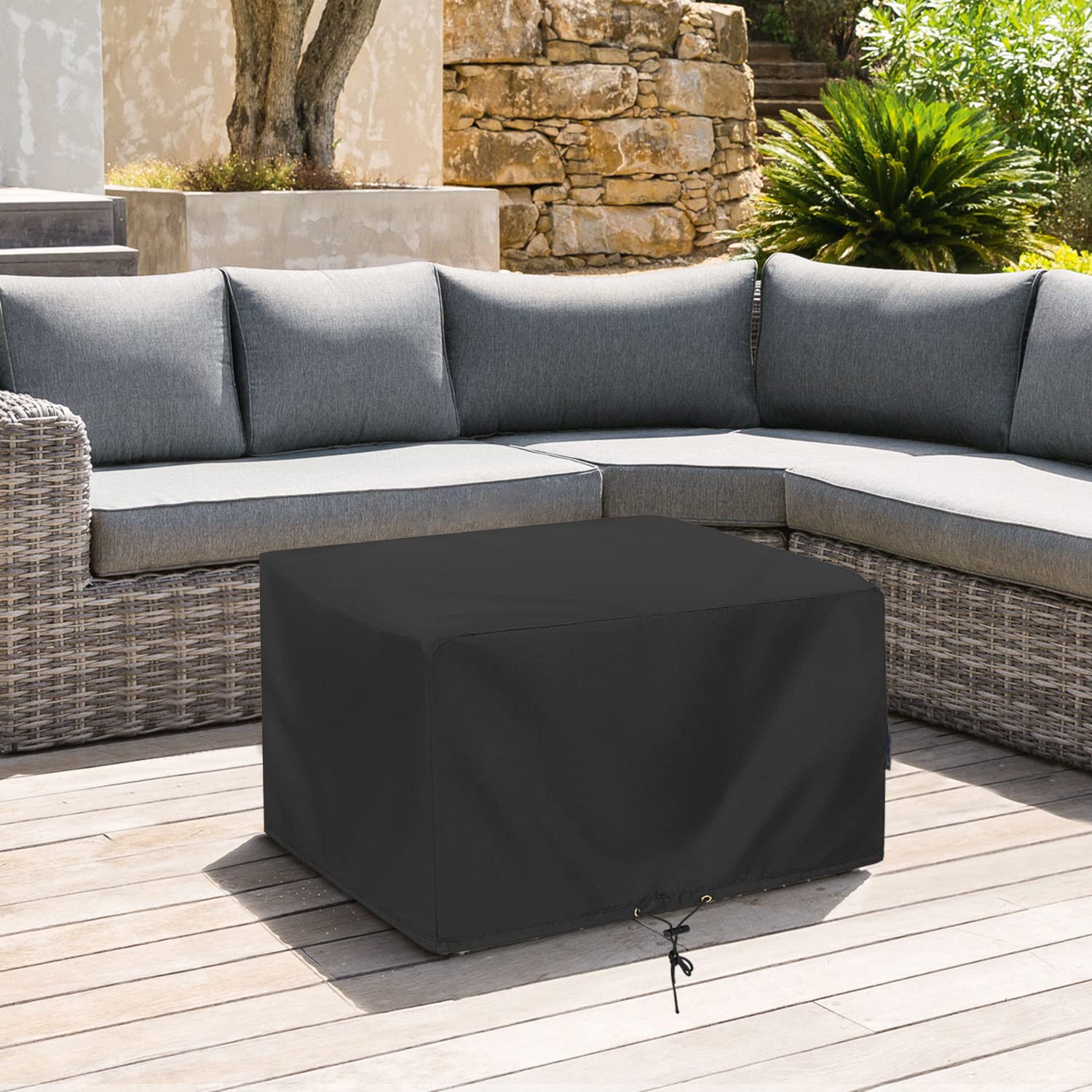 SunPatio Outdoor Ottoman Cover, Waterproof Rectangle Coffee Table Cover, Patio Furniture Covers Side Table Cover, All Weather Protection, 34W x 24D x 17H, Black