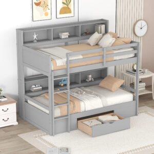 softsea twin over twin bunk bed with storage shelves and drawers, solid wood bunk bed frame with guardrails and built-in ladder for kids, twin size bunk bed for bedroom, gray