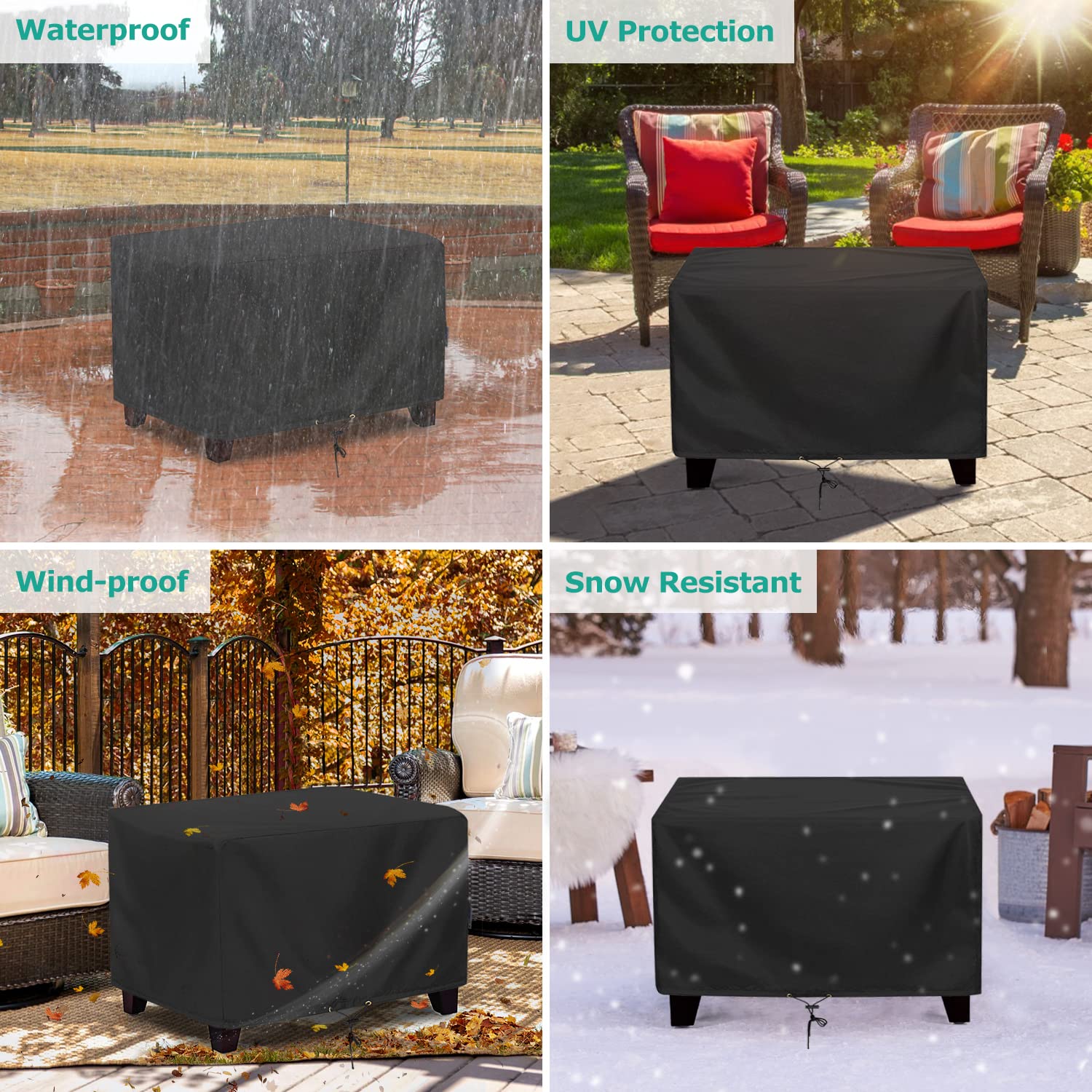 SunPatio Outdoor Ottoman Cover, Waterproof Rectangle Coffee Table Cover, Patio Furniture Covers Side Table Cover, All Weather Protection, 34W x 24D x 17H, Black