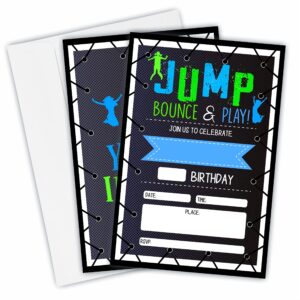 jump bounce & play birthday invitations, trampoline birthday party invites decorations, kids adults birthday party and events supplies, 20 fill-in invites cards with matching envelopes（yqk-b01）