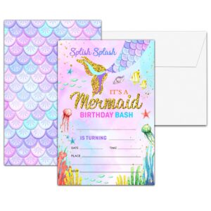 birthday party invitations, mermaid birthday invitations, double-sided fill in birthday invites, magical glitter birthday party favors decorations supplies, 20 cards with 20 envelopes(invite-a05)