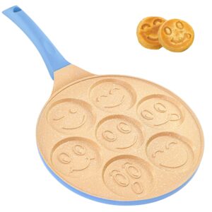 erreke nonstick pancake pan, 7 smiley face pancake griddle, soft touch handle fun breakfast for kids, 10.2 in crepe pan for gas stoves (blue color)