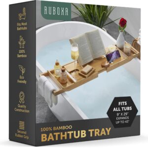 luxurious bamboo bathtub tray for tub - expandable bath tray for bathtub accessories, seats one or two people - durable bathtub caddy holds tablet/book, phone, wineglass