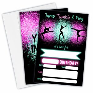 jump tumble & play birthday invitations, neon pink foil gymnastic birthday party invites decorations, birthday party and events supplies, 20 fill-in invites cards with matching envelopes（yqk-b03）