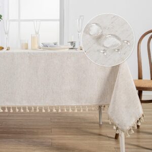 mysky home table cloth 60x84 in rectangle table, heavy duty cotton tassel linen look waterproof tablecloths farmhouse tablecloth, wrinkle free table cover with beige tassels for kitchen dining, party