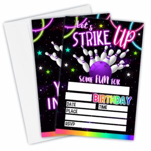 let's strike up some fun birthday invitations, neon bowling rainbow glow birthday party invites for kids adults birthday party and events supplies, 20 fillin invites cards with matching