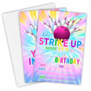 tie dye bowling birthday invitations, let's strike up some fun birthday party invites for kids adults birthday party and events supplies, 20 fill-in invites cards with matching envelopes（yqk-b11）