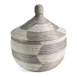 african fair trade handwoven lidded warming basket, silver/white