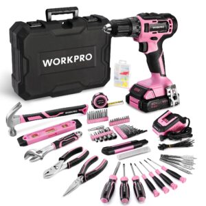 workpro 20v pink cordless drill driver and home tool set, 141pcs hand tool kit for diy, home maintenance, 2.0 ah li-ion battery, 1 hour fast charger, and tool box included - pink ribbon