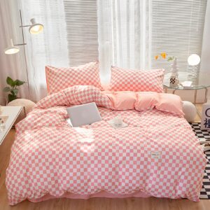 pink bedding checkered duvet cover set twin, soft 100% washed cotton grid plaid duvet cover set, 4pcs 1 quilt cover+2 pillow covers+1 flat sheet, checkered cover set bedding sets collections