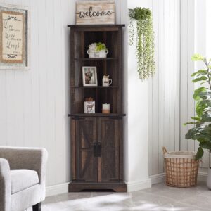 okd tall corner cabinet, farmhouse storage cabinet with barn door design & adjustable shelves, home space saver for bathroom, living room, dark rustic oak