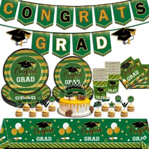 green graduation plates and napkins class of 2025 congrats grad decoration serve 20 guests tableware disposable plates, cups, napkins, tablecloth, toppers and banner for college high school (green)