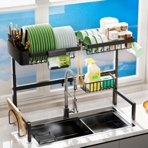 ilvvan dish rack over the sink dish drying rack (expandable height and length) snap-on design 2 tier large dish rack stainless steel (23" - 34" l x 11" w x 19" - 21.5" h)