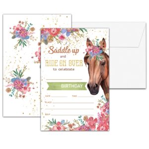 chuxvon birthday party invitations, floral horse birthday invitations, double-sided fill in birthday invites, birthday party favors decorations supplies, 20 cards with 20 envelopes(invite-a08)