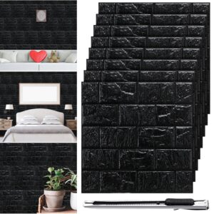 tinlade 30 pcs 28.81 sq ft 3d wall panels peel and stick foam brick wallpaper printable faux brick wall panels decorative self adhesive wall tiles waterproof wall covering panels (black)