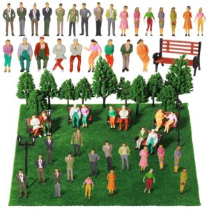 55 pcs model trains architectural scale painted figures, include 30 miniature people 5 street lamps 11 mixed model trees 5 model park street seat 4 fake grass for miniature scene (1:75)