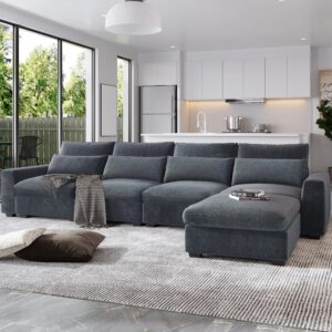 williamspace 129.9" sectional sofa for living room, large l-shaped sofa couch with ottoman, feather filled 4 seat upholstered convertible modular sofa with waist pillows - dark grey