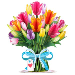 paper love hugepop tulips flower bouquet 3d popup card, with detachable paper bouquet, gift for birthday, mothers day, anniversary, thank you, all occasion - jumbo 10" x 14" cards - includes envelope and note