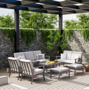 HAPPATIO 7 Piece Aluminum Patio Furniture Set, 3-Seat Outdoor Loveseat, Outdoor Sectional Sofa with Ottomans and Coffee Table, Garden Conversation Set with Armchairs for Lawn Deck (Gray)