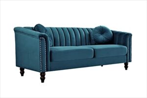 container furniture direct tufted velvet sofa with removable cushions and turned wood legs, elegant living room furniture for the modern home, 75.2 inch couch, blue green