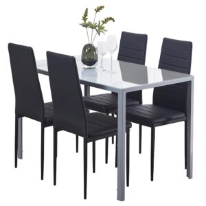 rozhome dining table set for 4, 5 piece kitchen table and chairs for dinette, apartment, compact space-saving w/tempered glass tabletop and 4 upholstered chairs, gray+black